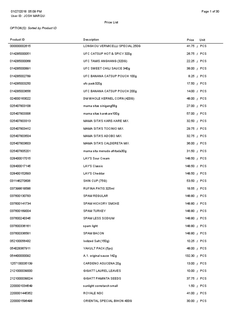 Price List 1282018 | PDF | Tomato Sauce | Food Ingredients