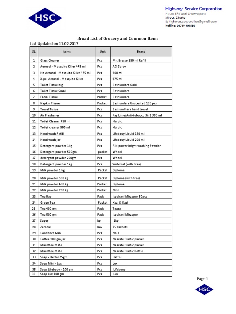 Broad List of Grocerry and Common Items | PDF | Hygiene | Nature