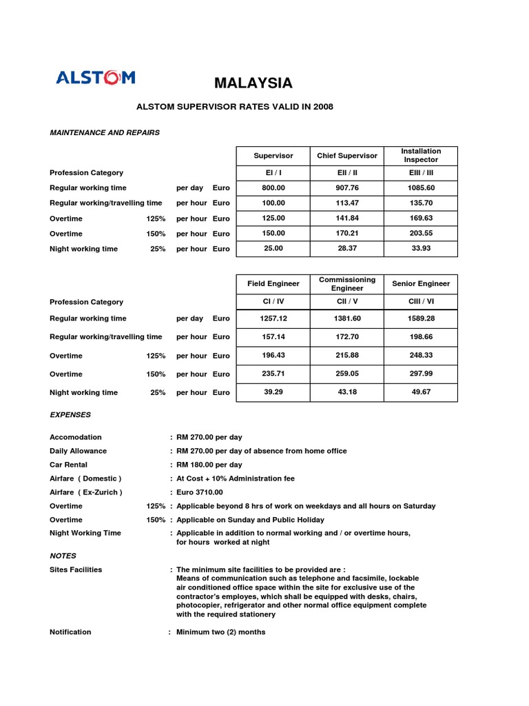 Alstom Supervisor Rates 2008 Guide | PDF | Working Time | Overtime