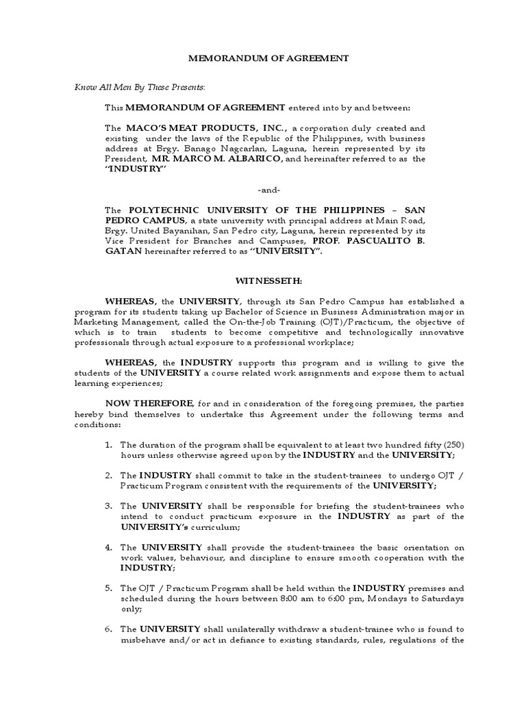 MOA Template For OJT | PDF | Notary Public | Social Institutions