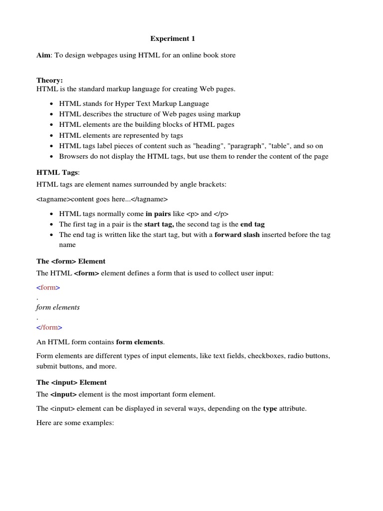 Experiment 1 Aim: To Design Webpages Using HTML For An Online Book ...