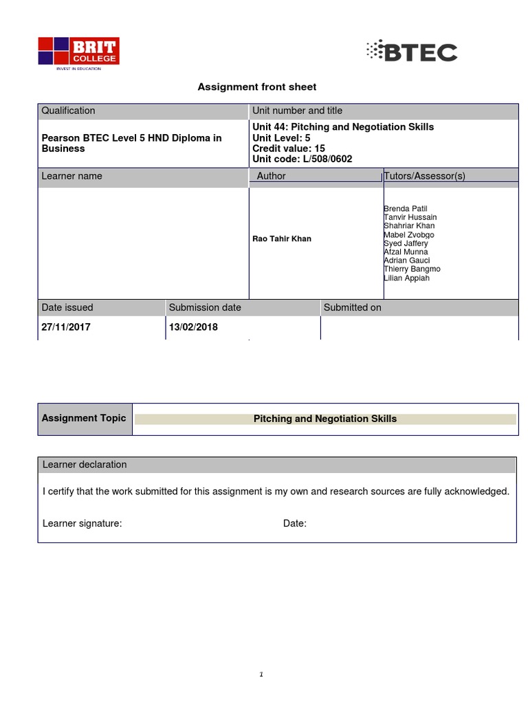RQF Unit 44 Assignment Brief | PDF | Negotiation | Request For Proposal