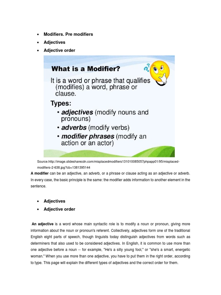 Modifiers. Pre Modifiers Adjectives Adjective Order | PDF | Organic ...