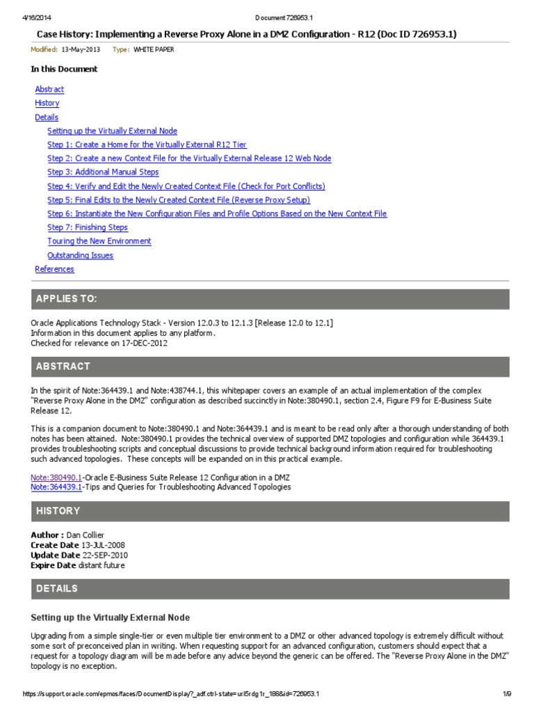Implementing A Reverse Proxy Alone in A DMZ Configuration - R12 (Doc ID 726953.1) | PDF | Proxy ...