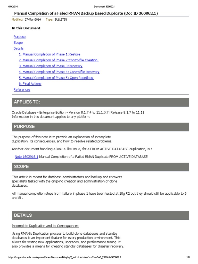 Manual Completion of A Failed RMAN Backup Based Duplicate (Doc ID ...