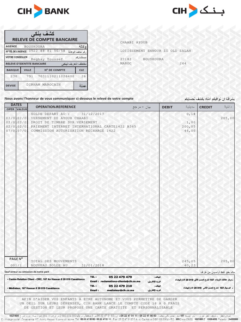 CIH Relevé 7031110211026400 201801 | PDF