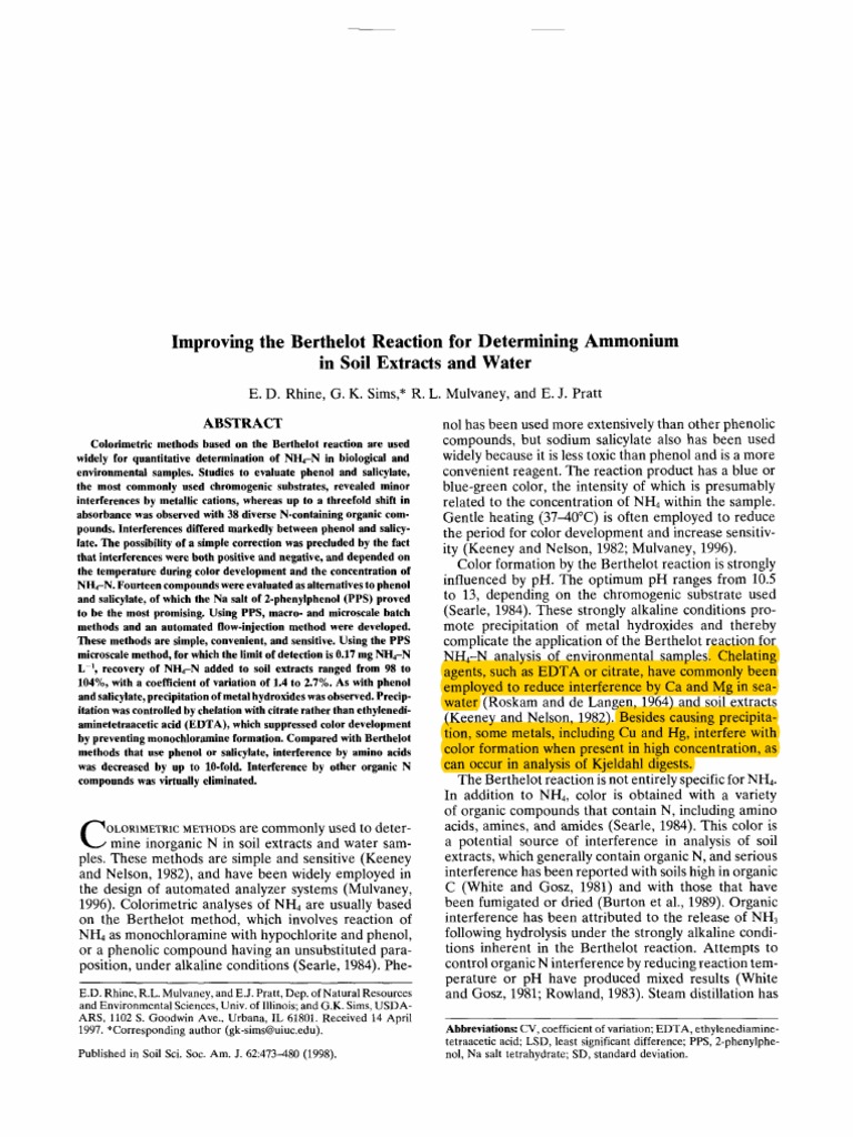 Method Berthelot For Determinig Ammonium | PDF | Ph | Chemical Compounds