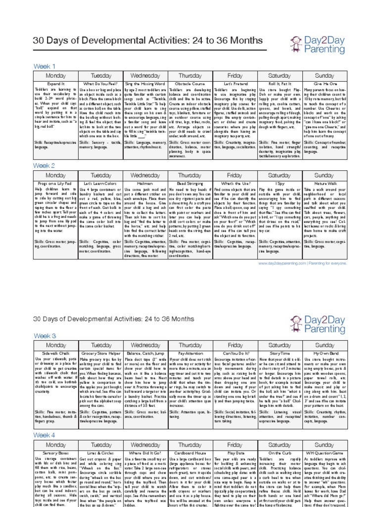 30 Days of Developmental Activities: 24 To 36 Months: Week 1 | PDF ...