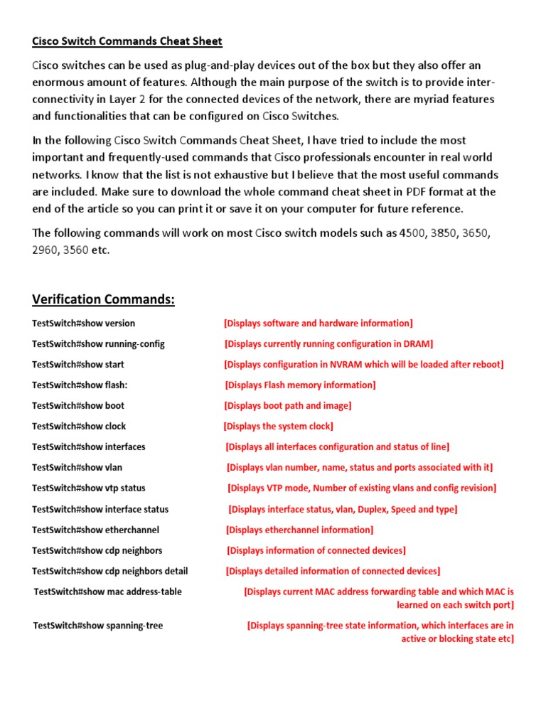 Cisco Switch Commands Cheat Sheet PDF | PDF | Network Switch ... Cisco Switch Commands Cheat Sheet PDF | PDF | Network Switch ...
