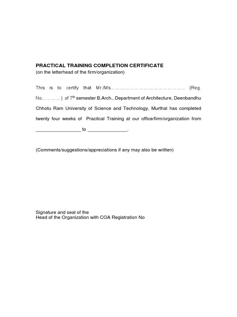 Practical Training Completion Certificate | PDF
