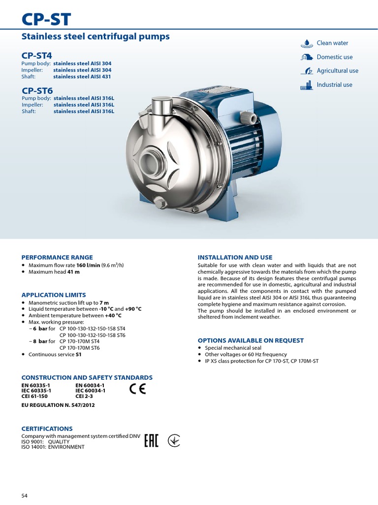 Stainless Steel Centrifugal Pumps CP-ST4 CP-ST6 | PDF | Pump ...