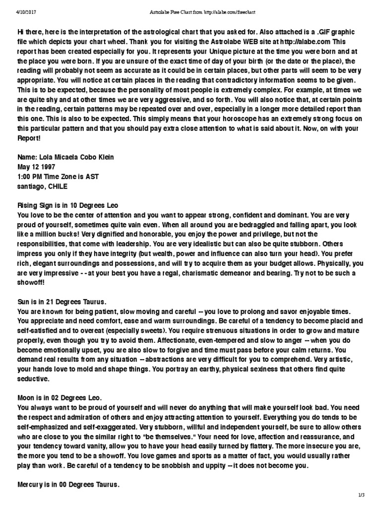 Free Astrolabe Natal Chart Report | PDF | Horoscope | Astronomy