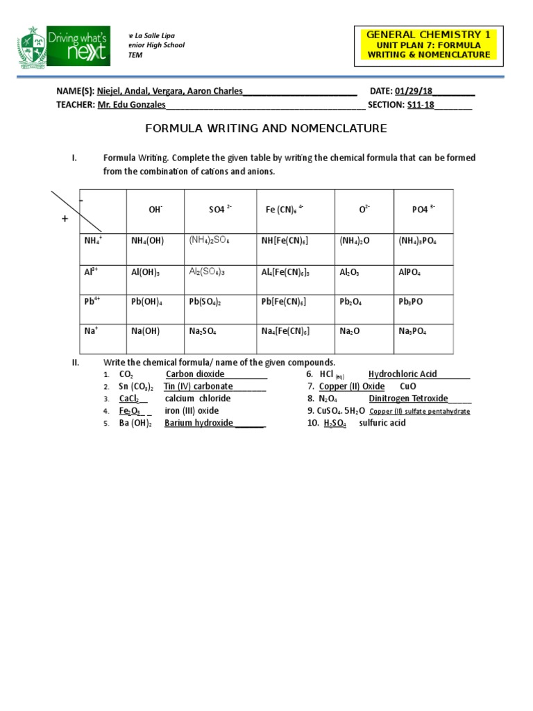 Formula Writing and Nomenclature: General Chemistry 1 | PDF | Chemical ...