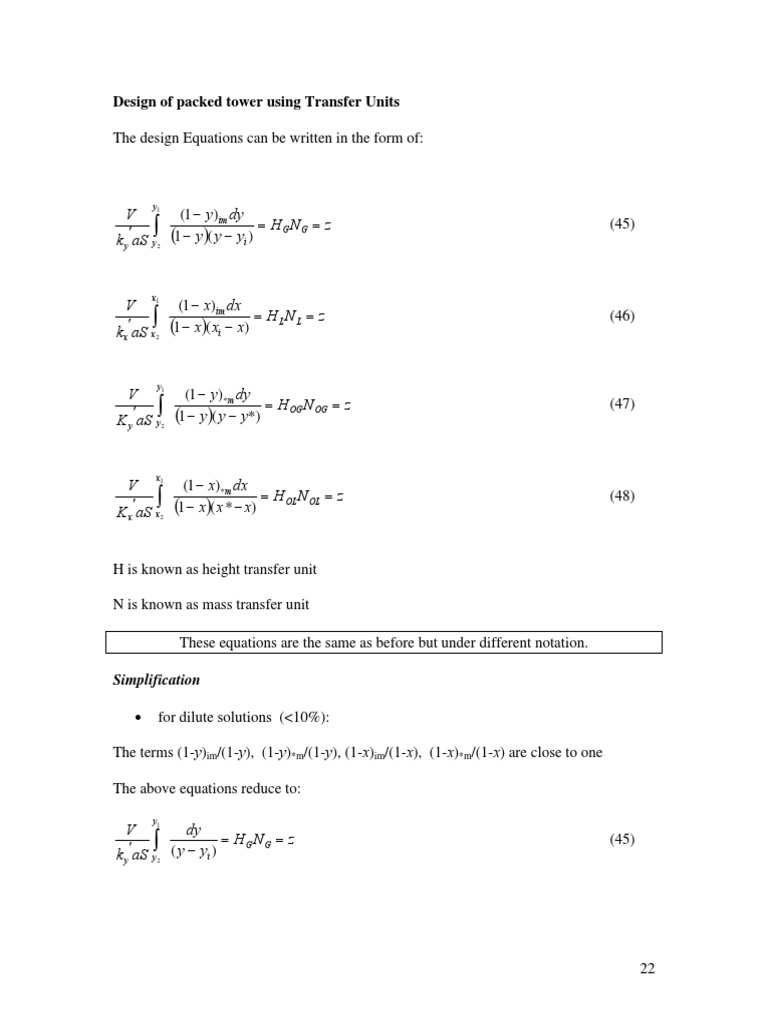 Design of Packed Tower Using Transfer Units: Z N H X X X DX X As K V ...