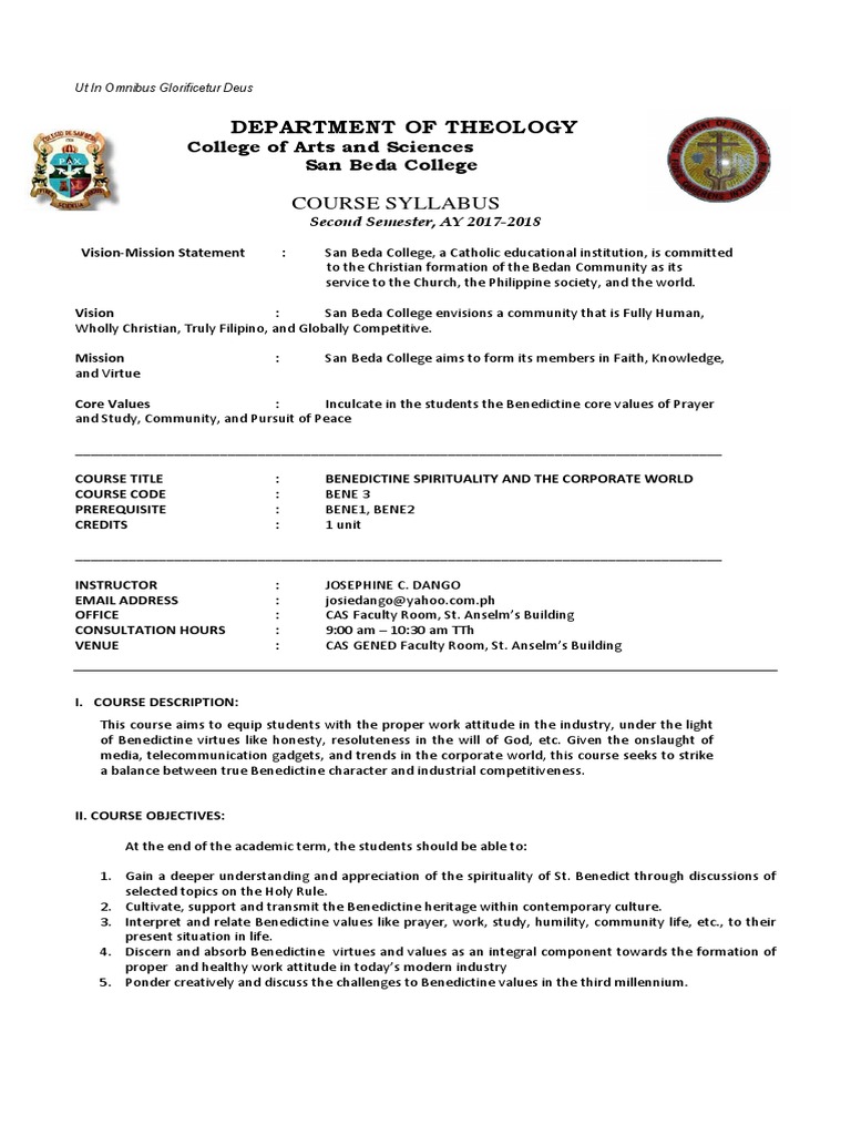 Course Syllabus: Department of Theology | PDF | Order Of Saint Benedict ...