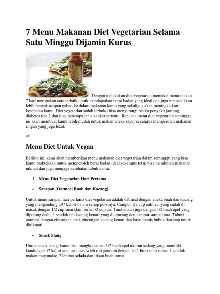 7 Menu Makanan Diet Vegetarian Selama Satu Minggu Dijamin Kurus | PDF