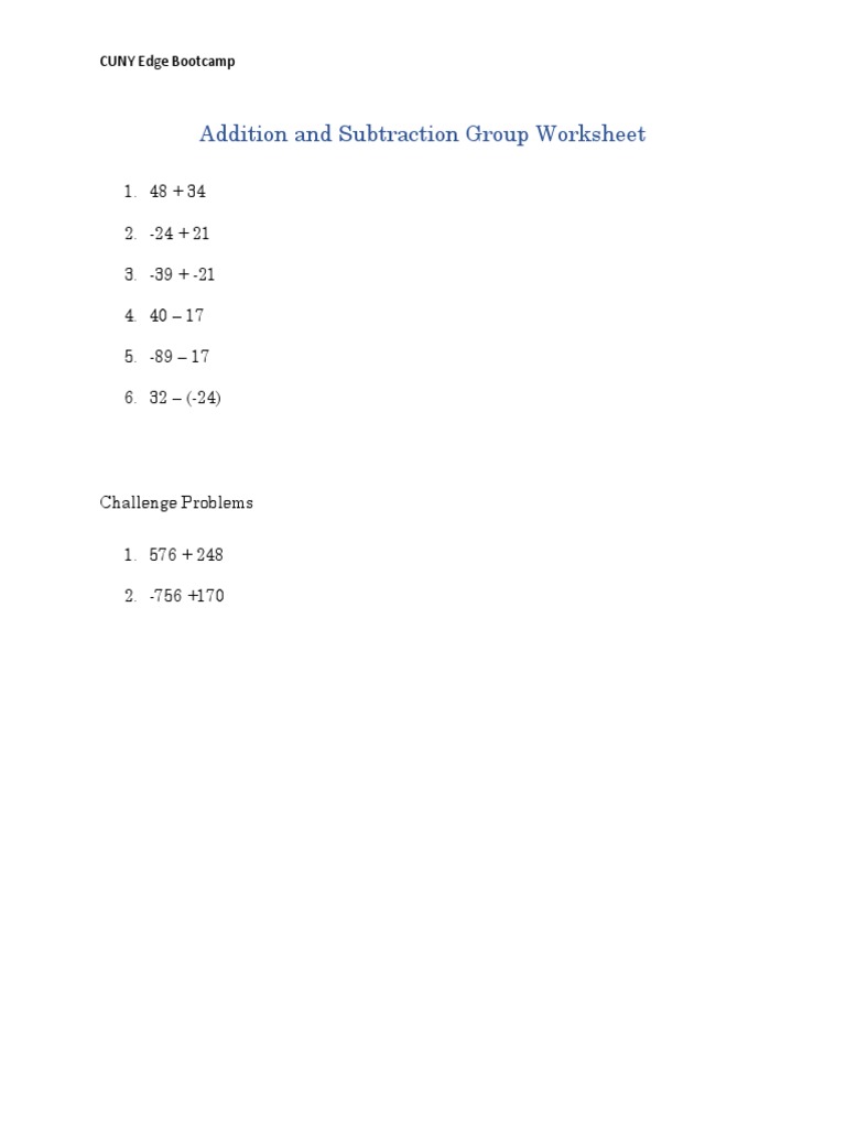 Addition and Subtraction Group Worksheet | PDF