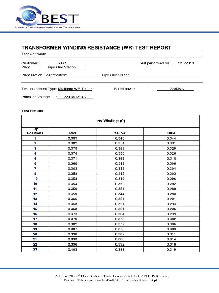 Transformer Winding Resistance Test Report | PDF