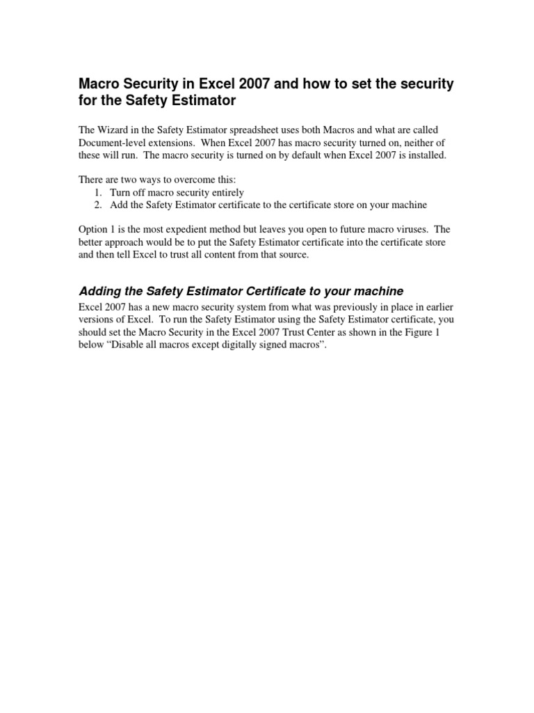 Macro Security Settings in Excel 2007 | PDF | Microsoft Excel ...