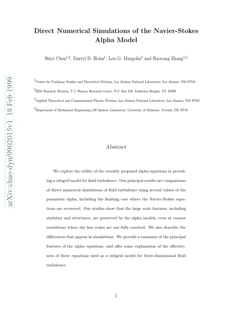 Holm Chen Direct Numerical Simulation of The Navier Stokes Alpha Model | PDF | Navier–Stokes ...