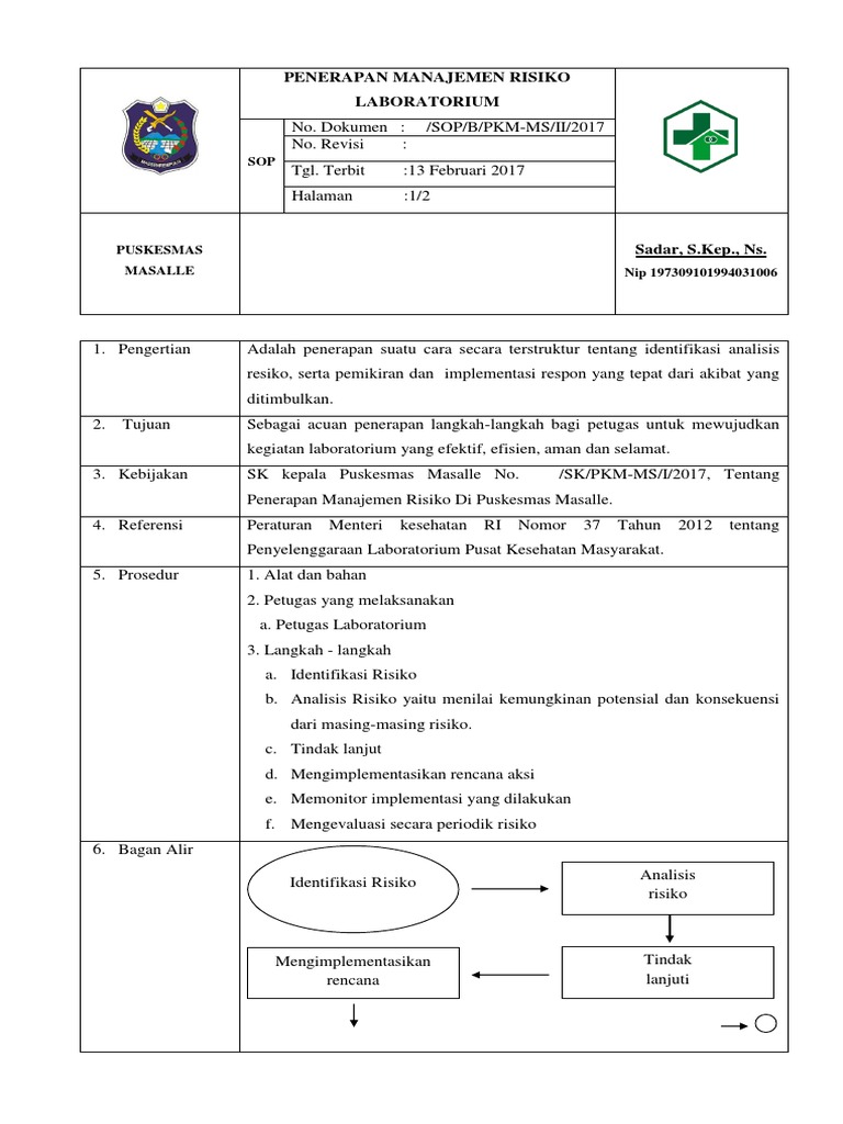 Sop Penerapan Manajemen Resiko Laboratorium | PDF