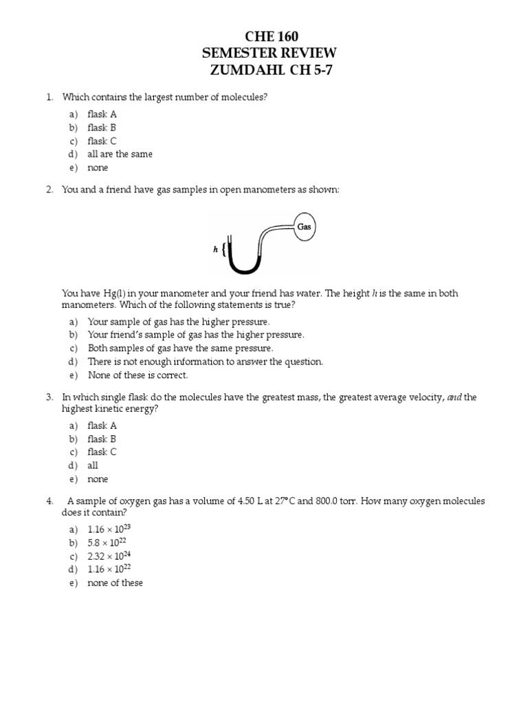 CHE 160 Semester Review Zumdahl CH 5-7 | PDF | Atomic Orbital | Gases