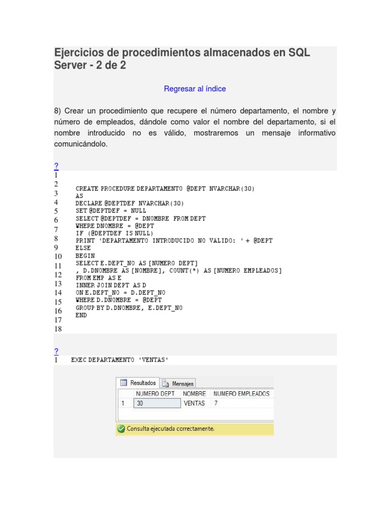 Ejercicios de Procedimientos Almacenados en SQL Server | Descargar gratis PDF | Modelo de datos ...