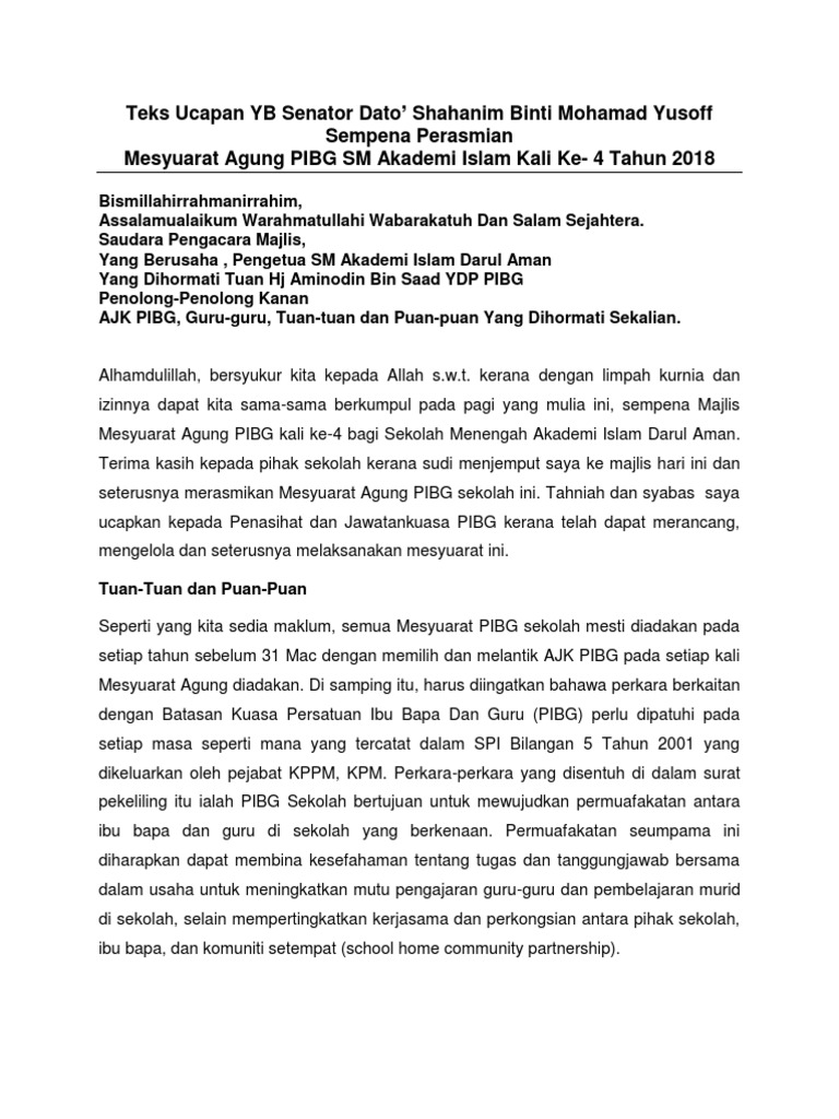 Teks Ucapan Perasmian Mesyuarat Agung PIBG | PDF