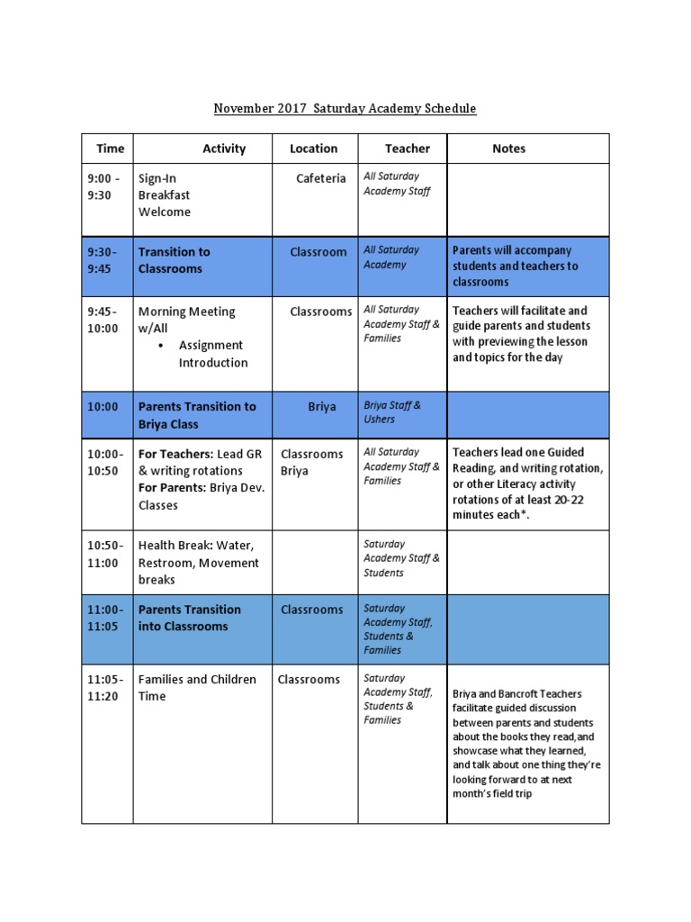 Saturday Academy Daily Schedule | PDF | Classroom | Pedagogy