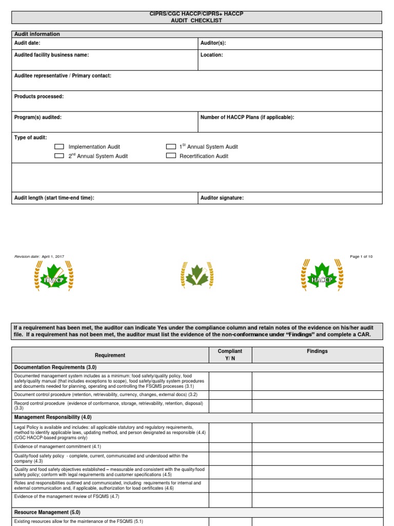 HACCP Audit Checklist Template | PDF | Audit | Hazard Analysis And ...