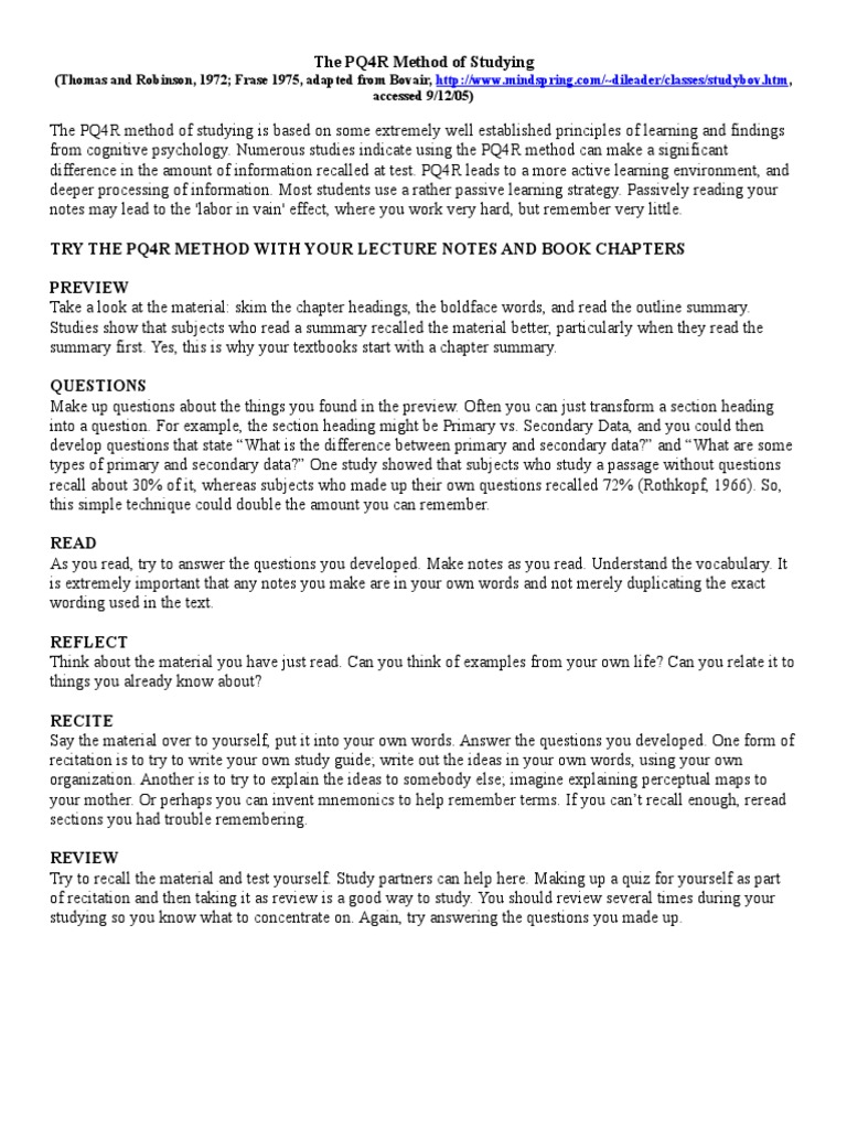 PQ4R Method of Studying | PDF | Learning | Applied Psychology