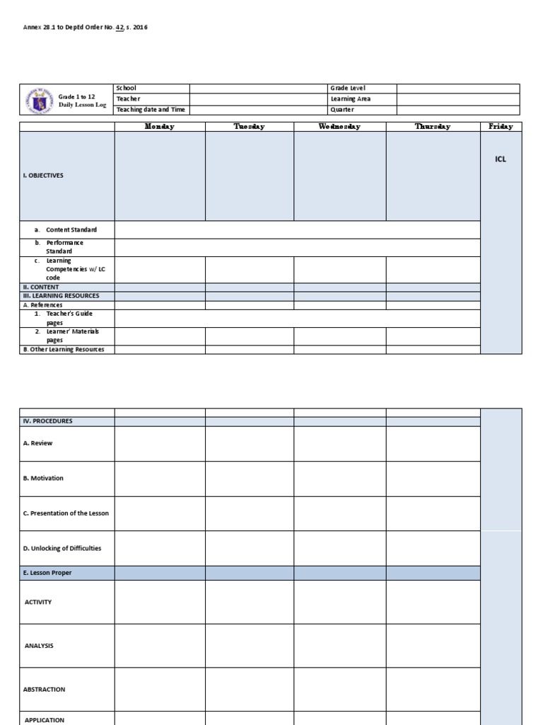 Deped Daily Lesson Log Template | PDF Deped Daily Lesson Log Template | PDF