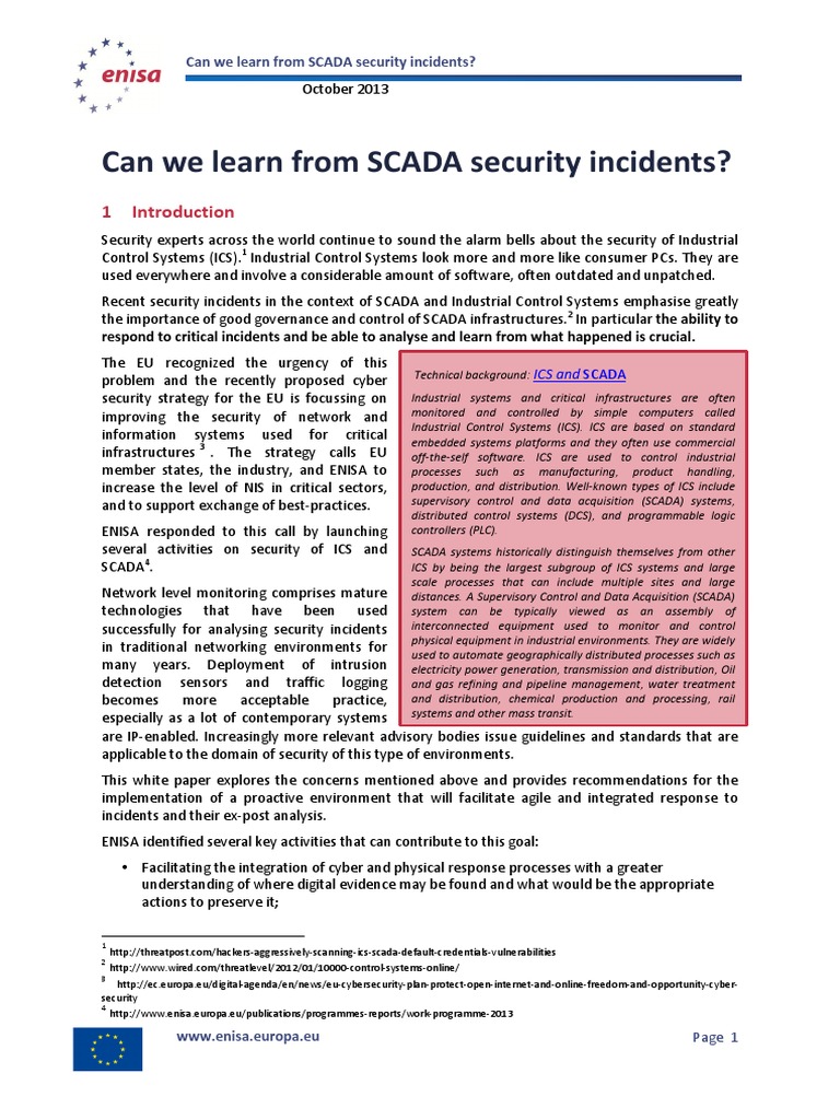 ENISA - Can We Learn From SCADA Security Incidents - White Paper (2013 ...