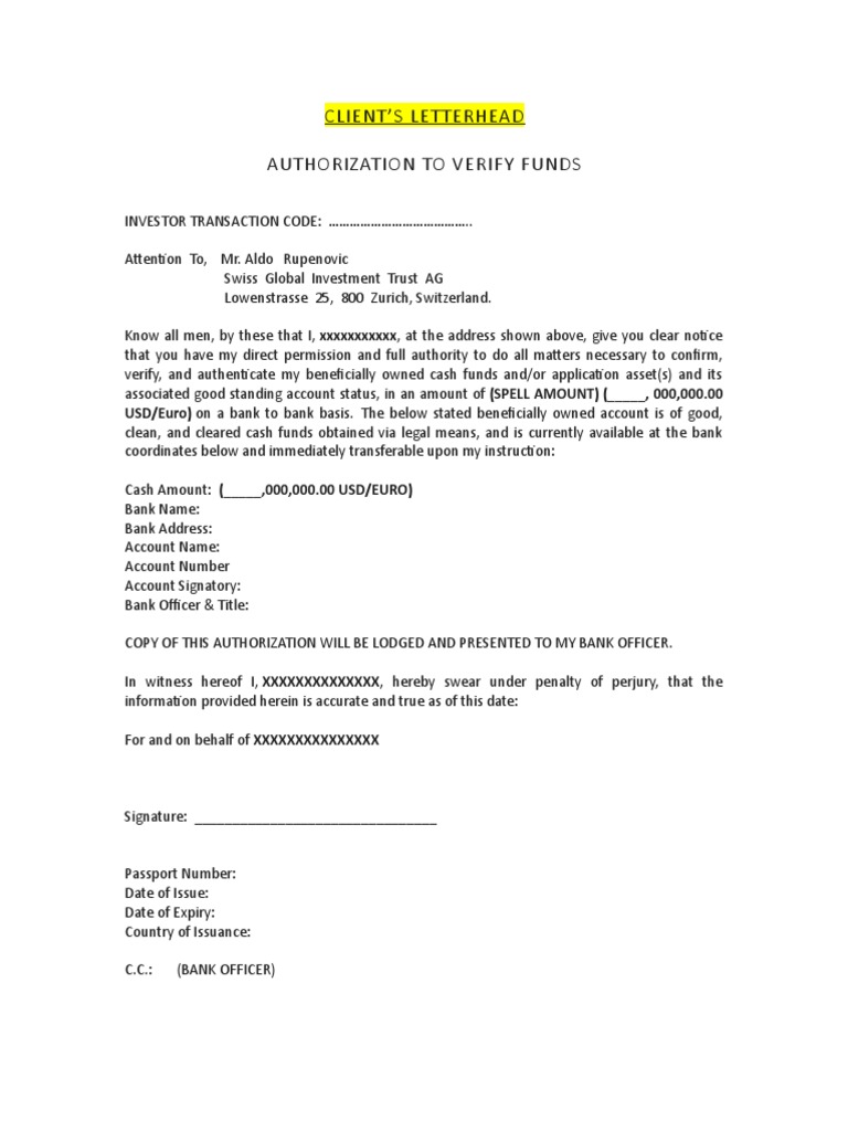 () 1 Authorization to Verify Funds