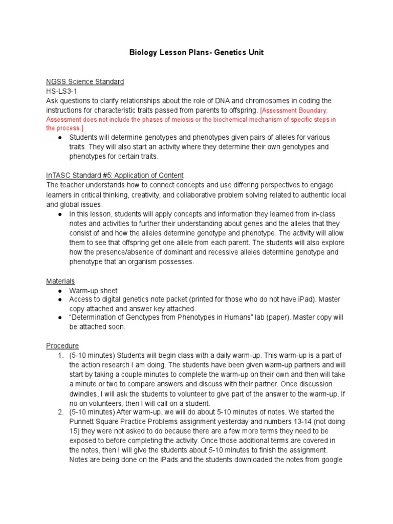 Sample Lesson Plan - Genetics | PDF | Dominance (Genetics) | Zygosity