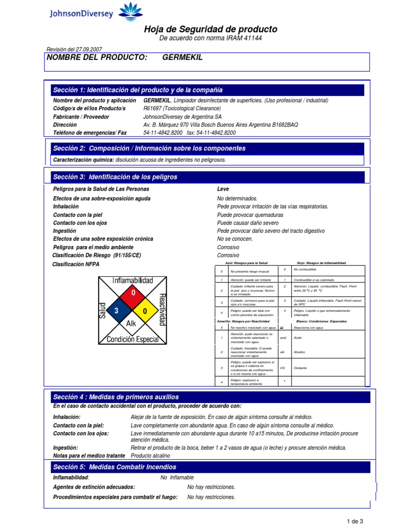 Hoja de Seguridad Germekill | PDF | Agua | Toxicidad