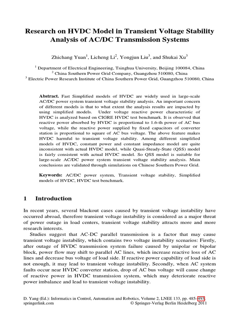 Research On HVDC Model in Transient Voltage Stability Analysis of AC/DC Transmission Systems ...
