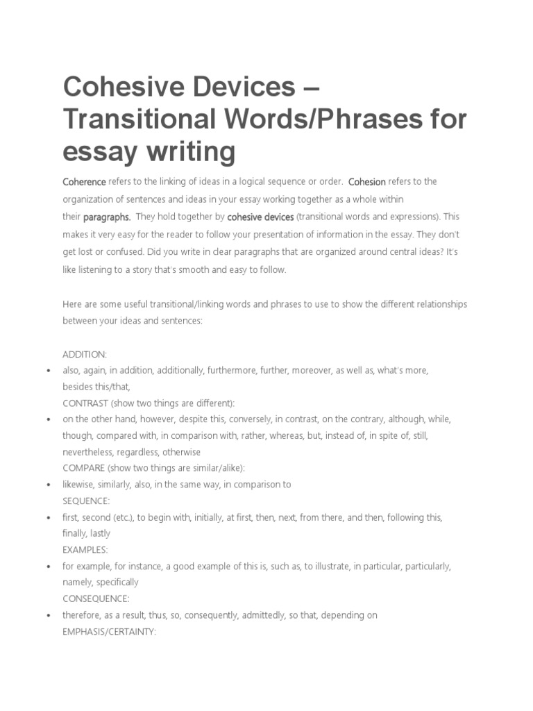 Cohesive Devices - Transitional Words/Phrases For Essay Writing | PDF