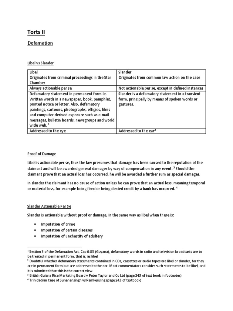 Torts II - Defamation Notes | PDF | Defamation | Common Law
