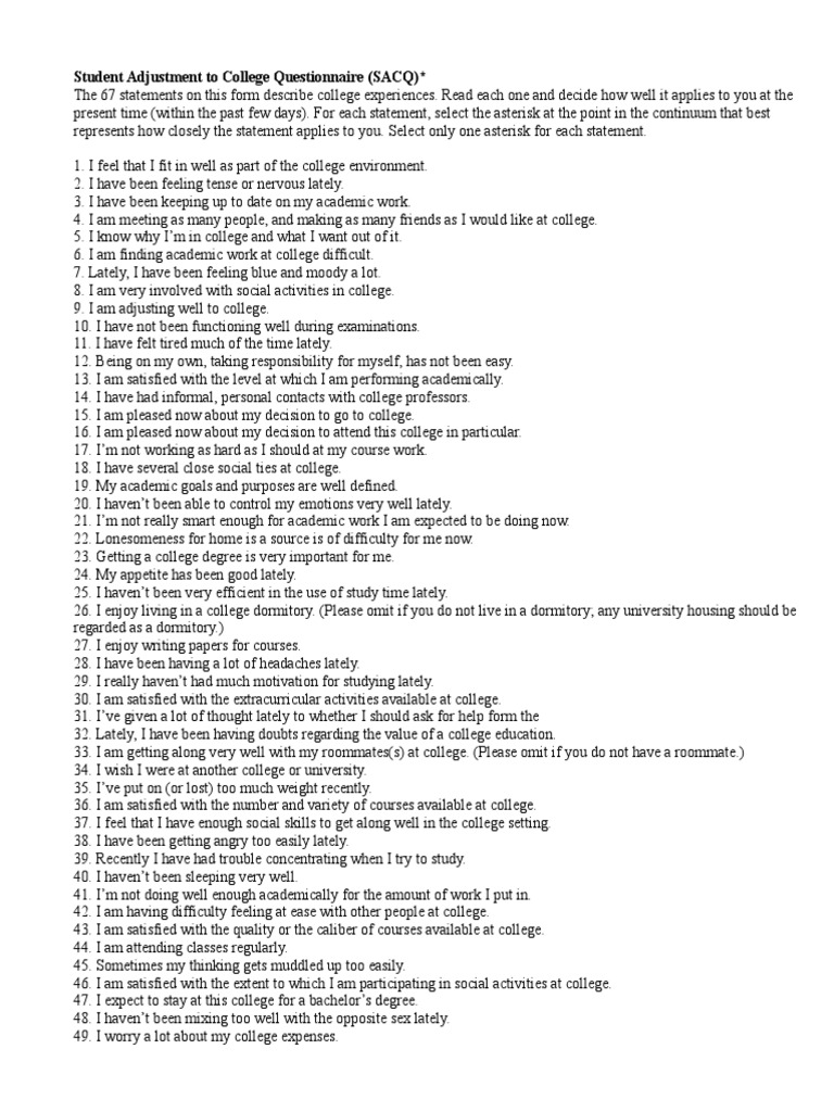 Student Adjustment to College Questionnaire | PDF | Mental Health ...