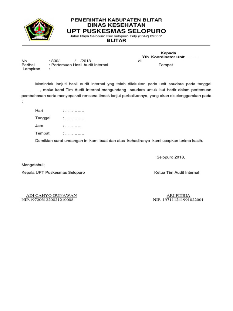 Undangan Rapat Audit Internal Puskesmas | PDF