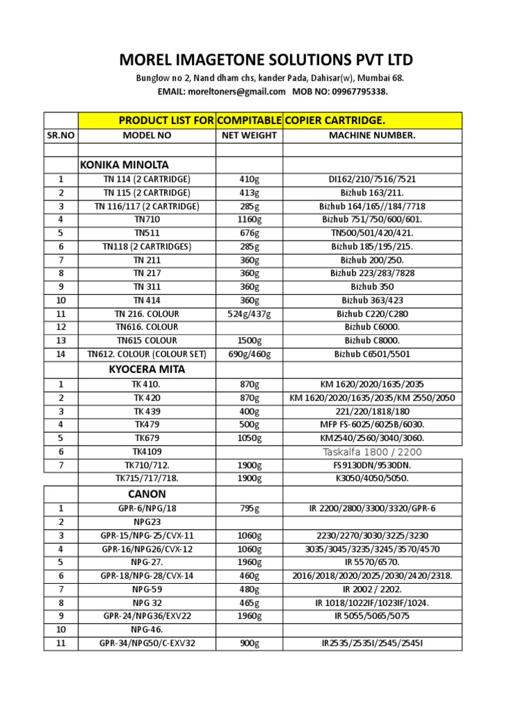 Photocopier Toner List | PDF | Equipment | Printing