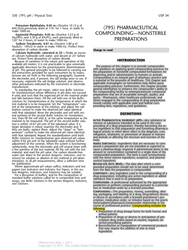 USP 34 - 795 Coumpounding Practices | PDF | Ph | Pharmaceutical Formulation