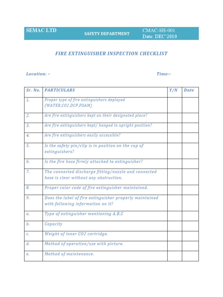 Fire Extinguisher Inspection Checklist | PDF