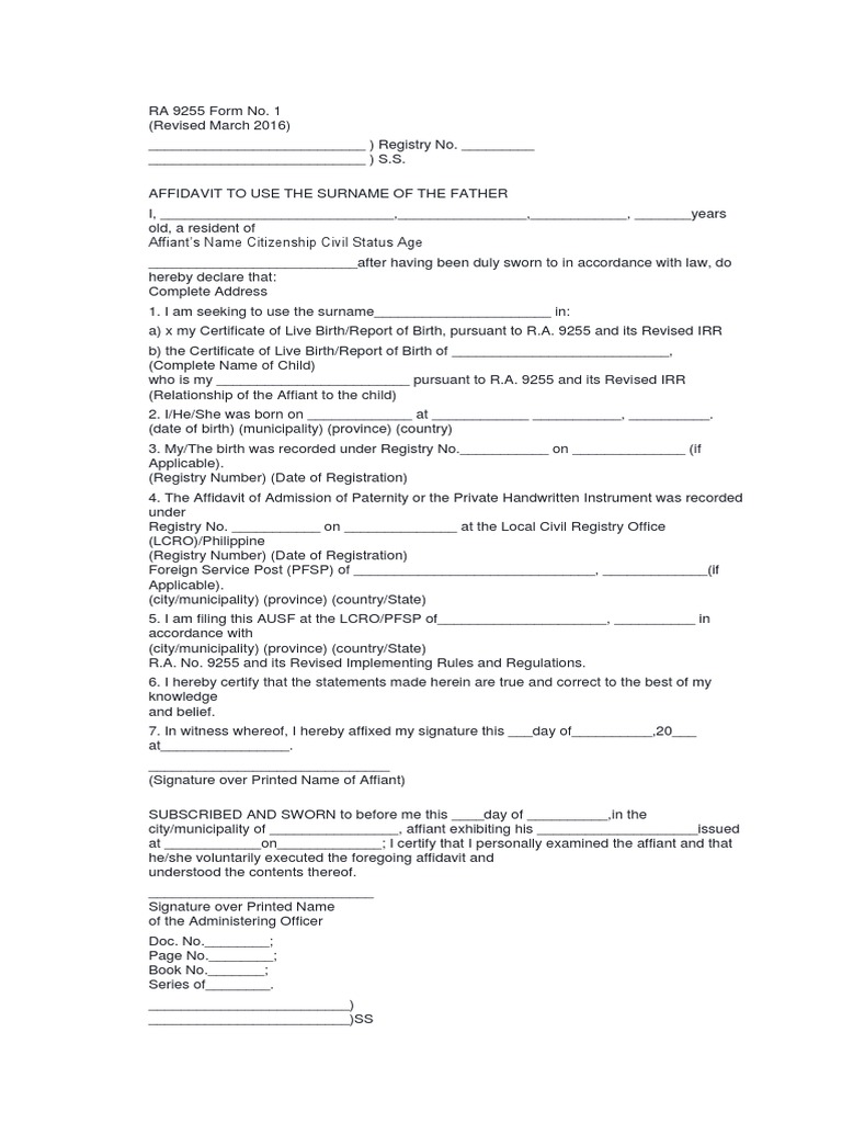 RA 9255 Form No | PDF | Affidavit | Civil Law (Common Law)