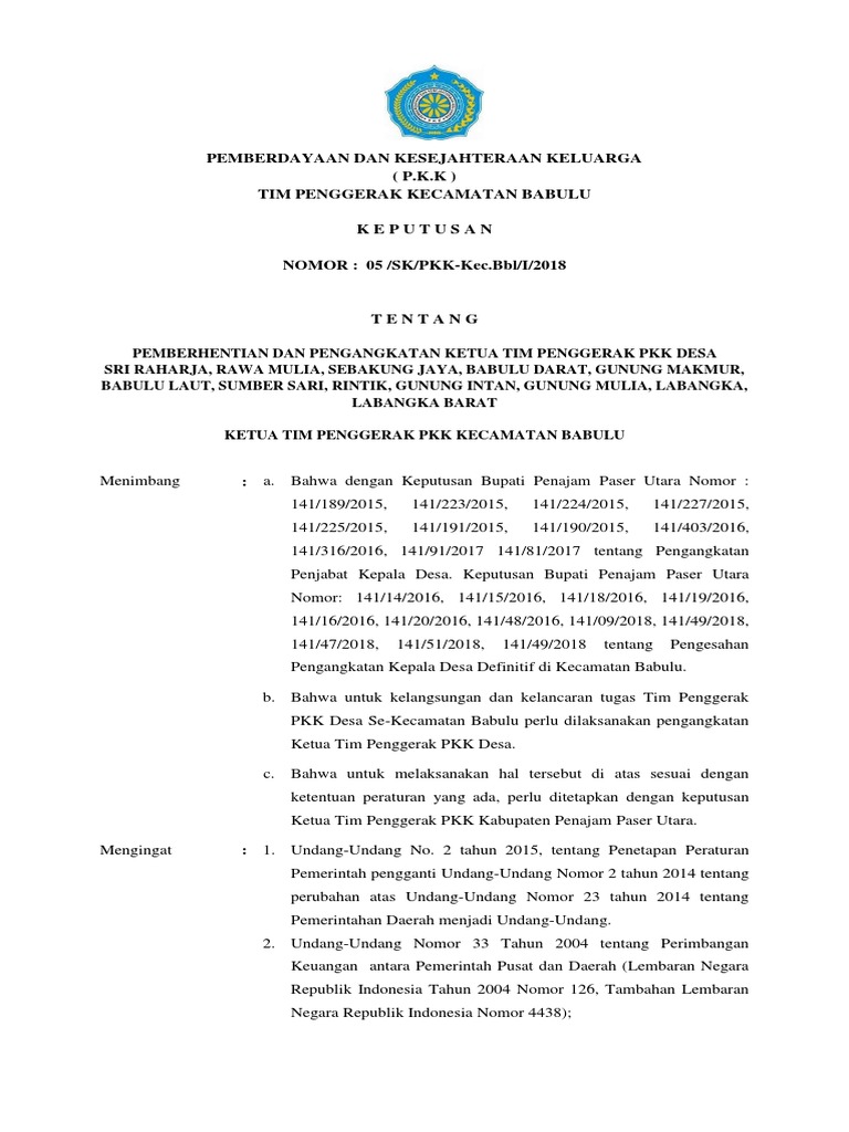 Surat Keputusan Tim Penggerak PKK Kecamatan Babulu | PDF