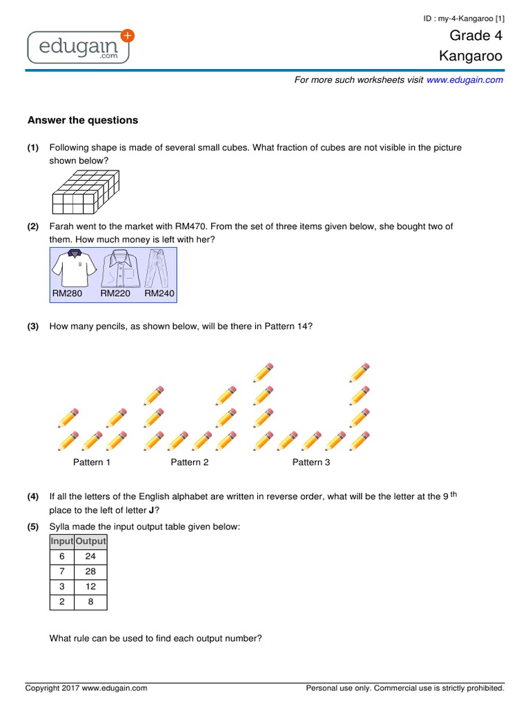 Grade 4 Kangaroo: Answer The Questions | Download Free PDF | Teaching ...