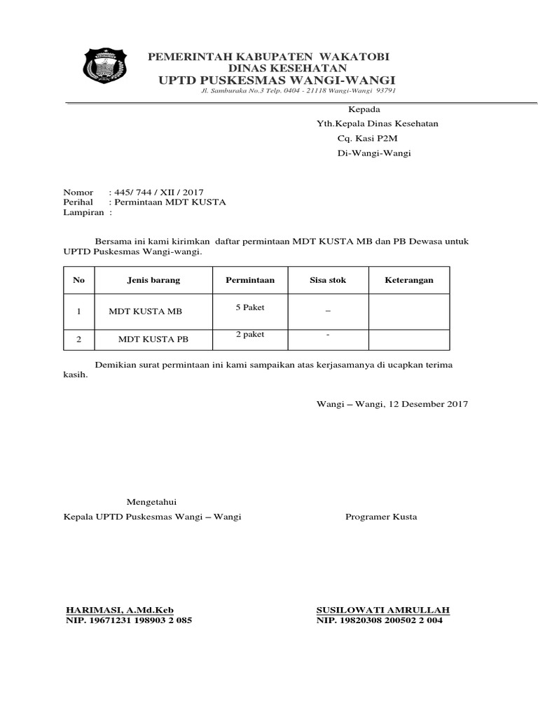 Permintaan MDT Kusta di Puskesmas Wangi-Wangi | PDF | Kesehatan Holistik