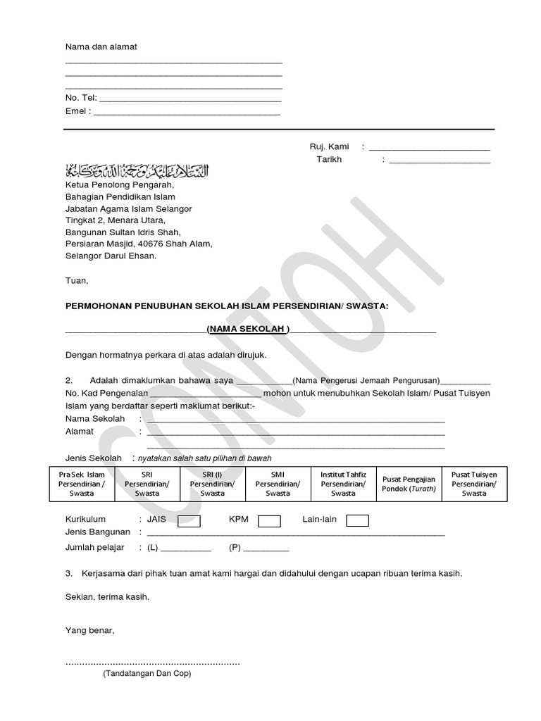 1.4 Contoh Surat Hasrat - Permohonan Menubuhkan Sekolah Islam | PDF