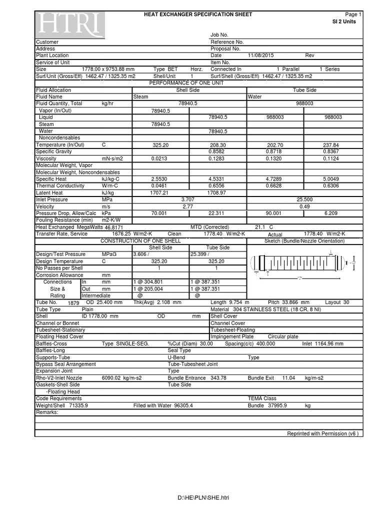 TEMA Spec Sheet | Heat Exchanger | Pressure